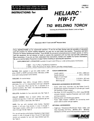 ESAB Heliarc HW-17 Tig Welding Torch Troubleshooting instruction | Manualzz