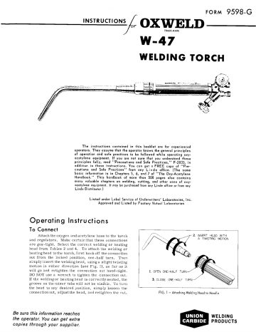 ESAB OXWELD™ W-47 Welding Torch Troubleshooting instruction | Manualzz