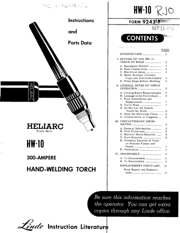 ESAB Heliarc HW-10 300-Ampere Hand-Welding Torch Instruction manual ...