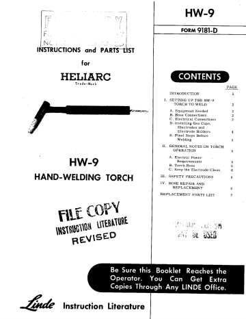 ESAB Heliarc HW-9 Hand-Welding Torch Instruction manual | Manualzz