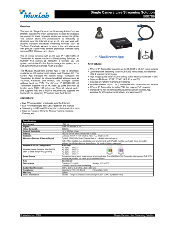 Muxlab Single Camera Live Streaming Solution Datasheet | Manualzz