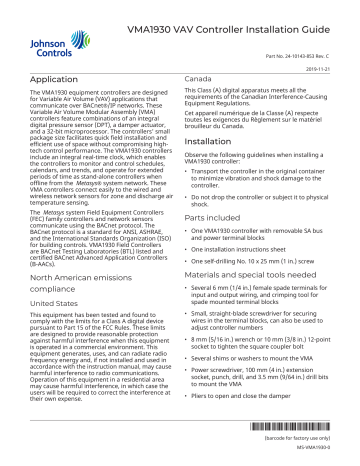 Johnson Controls VMA1930 Installation Manual | Manualzz