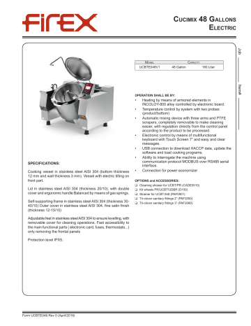Firex UCBTE082V1 Cucimix Electric Braising Pan Spec Sheet | Manualzz