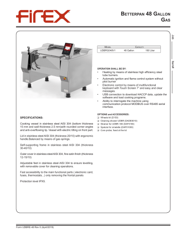 Firex UDBRG058V1 Betterpan Gas Braising Pan Spec Sheet | Manualzz