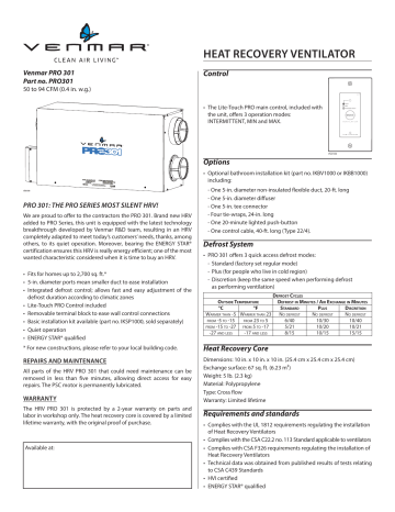 Venmar PRO 301 Air Exchanger Specification Sheet | Manualzz