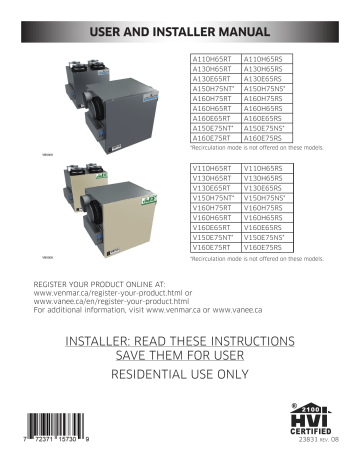 Venmar HRV 110 CFM 65 SRE Air Exchanger Installation Manual | Manualzz