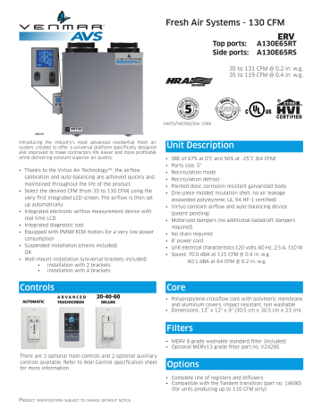 Venmar ERV 130 CFM 65 SRE Air Exchanger Specification Sheet | Manualzz