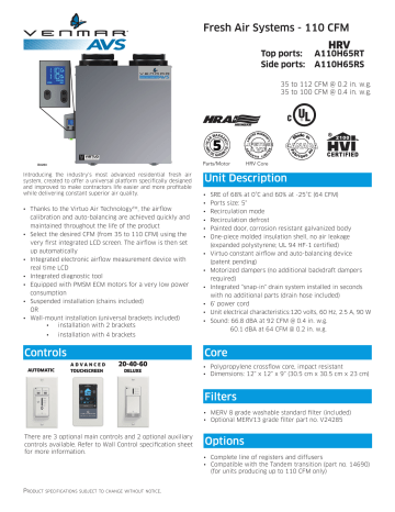Venmar HRV 110 CFM 65 SRE Air Exchanger Specification Sheet | Manualzz