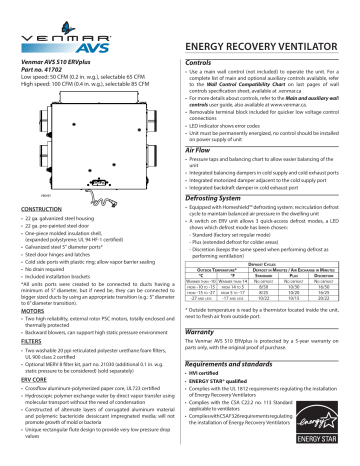 Venmar S10 ERVplus Air Exchanger Specification Sheet | Manualzz