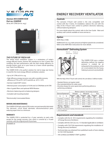 Venmar X30ERV ECM Air Exchanger Specification Sheet | Manualzz