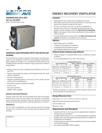 Venmar CR12 ERV Air Exchanger Specification Sheet | Manualzz
