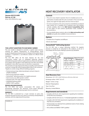 Venmar E10 HRV Air Exchanger Specification Sheet | Manualzz