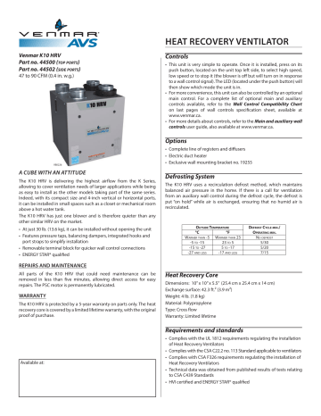 Venmar K10 HRV Air Exchanger Specification Sheet | Manualzz