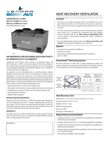 Venmar Constructo 1.0 HRV Air Exchanger Specification Sheet | Manualzz