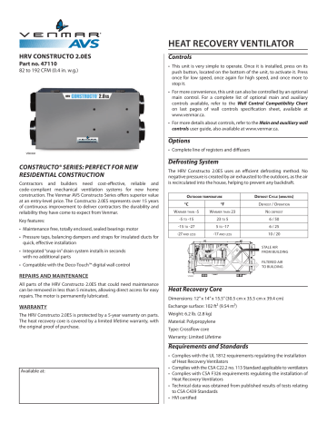 Venmar Constructo 2.0 ES HRV Air Exchanger Specification Sheet | Manualzz