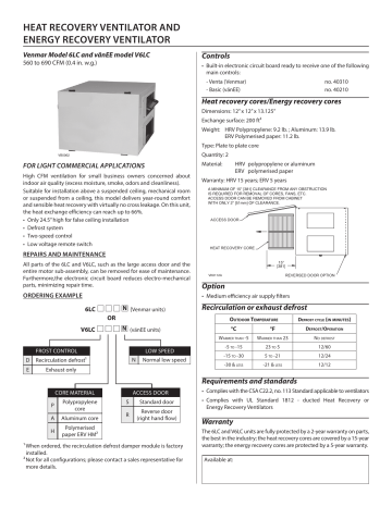 Venmar 6LC HRV Air Exchanger Specification Sheet | Manualzz
