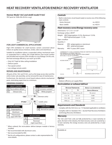 Venmar 12LC HRV Air Exchanger Specification Sheet | Manualzz