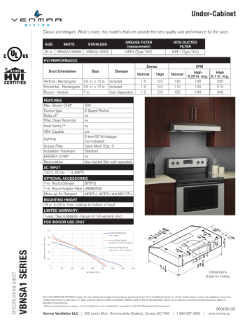 Venmar VBNSA1 Range Hood Specification Sheet | Manualzz