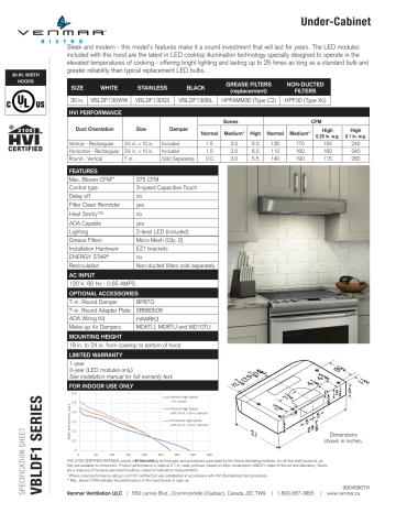 Venmar VBLDF1 Range Hood Specification Sheet | Manualzz