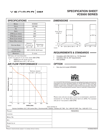 Venmar VCS500 Range Hood Specification Sheet | Manualzz