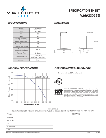 Venmar VJ603 Range Hood Specification Sheet | Manualzz