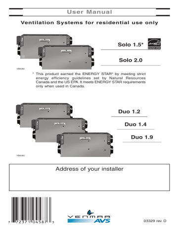 Venmar 43725 Air exchanger User Guide | Manualzz