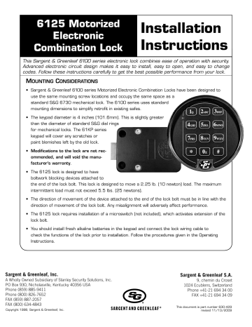 Sargent Greenleaf 6124-6125 Electronic Safe Lock Installation ...