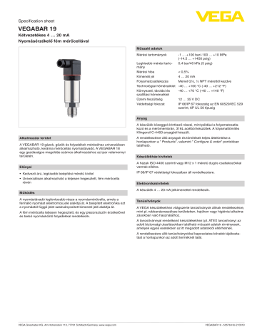 Vega VEGABAR 19 Pressure transmitter Specification sheet | Manualzz