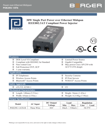 Basler PoE Single Port Injector POE29-1AT6 Data Sheet | Manualzz