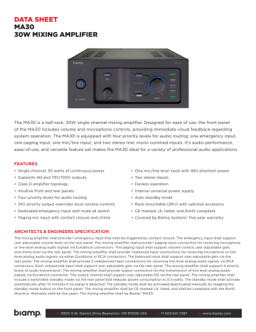 Biamp MA30 Data Sheet | Manualzz