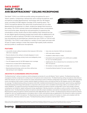 Biamp Parlé TCM-X Ceiling Microphone Data Sheet | Manualzz
