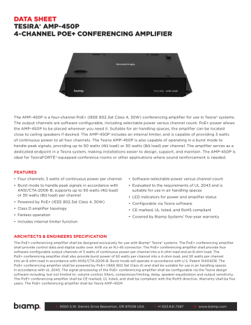 Biamp Tesira AMP-450P Data Sheet | Manualzz