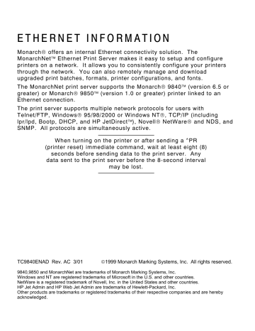 Monarch MonarchNet Ethernet Print Server User Manual | Manualzz