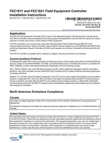 Johnson Controls FEC1621 Installation Instructions Manual | Manualzz