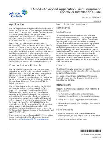 Johnson Controls FAC2513 Installation Manual | Manualzz