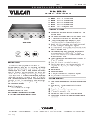 Vulcan MSA72 72" MSA Series Flat Top Gas Griddle Spec Sheet | Manualzz