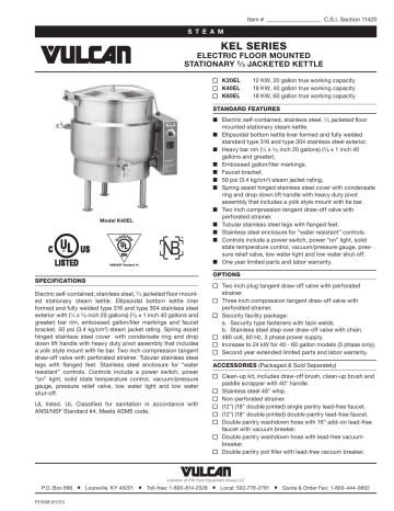 Vulcan K60EL 60 Gallon Electric Floor Mounted Stationary Kettle Spec ...