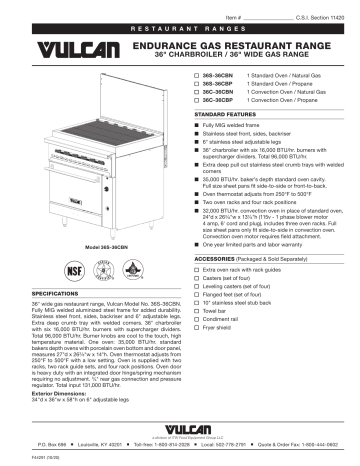 Vulcan 60SS-4B36CB Endurance™ Series Stainless Steel 60" Gas Range 4 ...