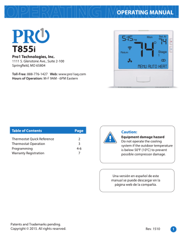 Pro1 Technologies T855 i thermostat Operating Manual | Manualzz