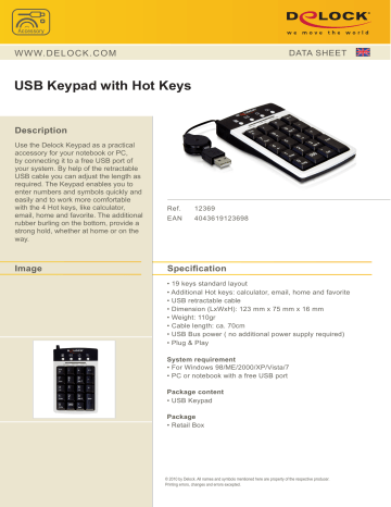 Delock 12369 USB Keypad Data Sheet | Manualzz