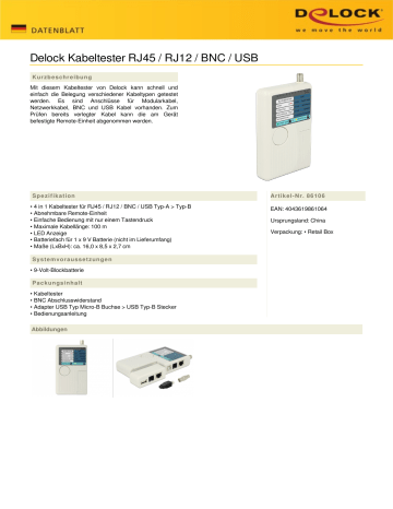 DeLOCK 86106 Cable Tester RJ45 / RJ12 / BNC / USB Datenblatt | Manualzz