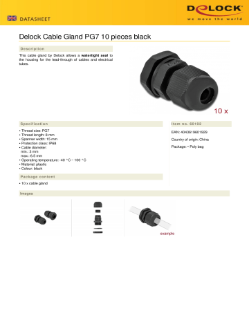DeLOCK 60192 Cable Gland PG7 10 pieces black Data Sheet | Manualzz