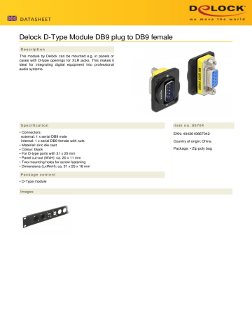 Delock 86704 D-Type Module DB9 plug to DB9 female Data Sheet | Manualzz