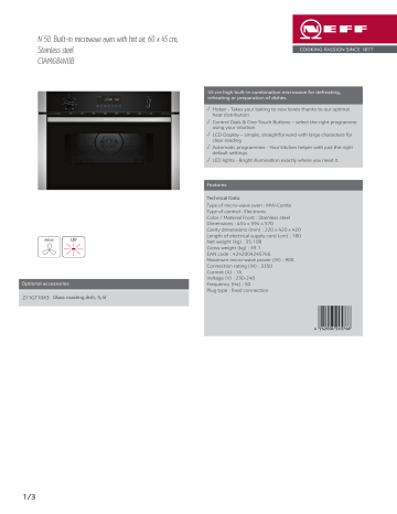 Neff C1AMG84N0B Built-in microwave oven Spec Sheet | Manualzz