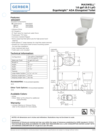 Gerber GMX2091725 Maxwell® 1.6 gpf 10" Rough-In Two-Piece Elongated ErgoHeight™ Toilet Spec ...