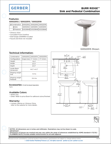 Gerber G0022519 Burr Ridge™ 8" Centers Standard Pedestal Bathroom Sink Spec Sheet | Manualzz