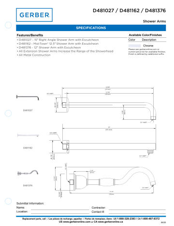 Gerber D481027BB 15" Right Angle Showerarm Spec Sheet | Manualzz