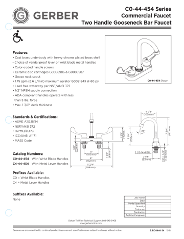 Gerber GC044454 Commercial Two Handle Bar Faucet Spec Sheet | Manualzz