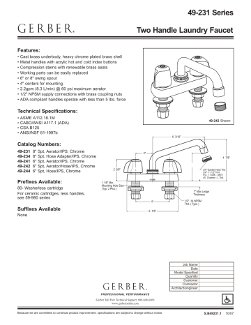 Gerber G0049234 Classics™ Laundry Faucet Spec Sheet | Manualzz