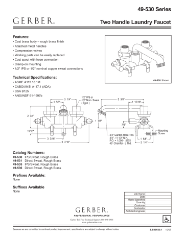 Gerber G0049530 Classics™ Two Handle Clamp On Laundry Faucet Spec Sheet ...